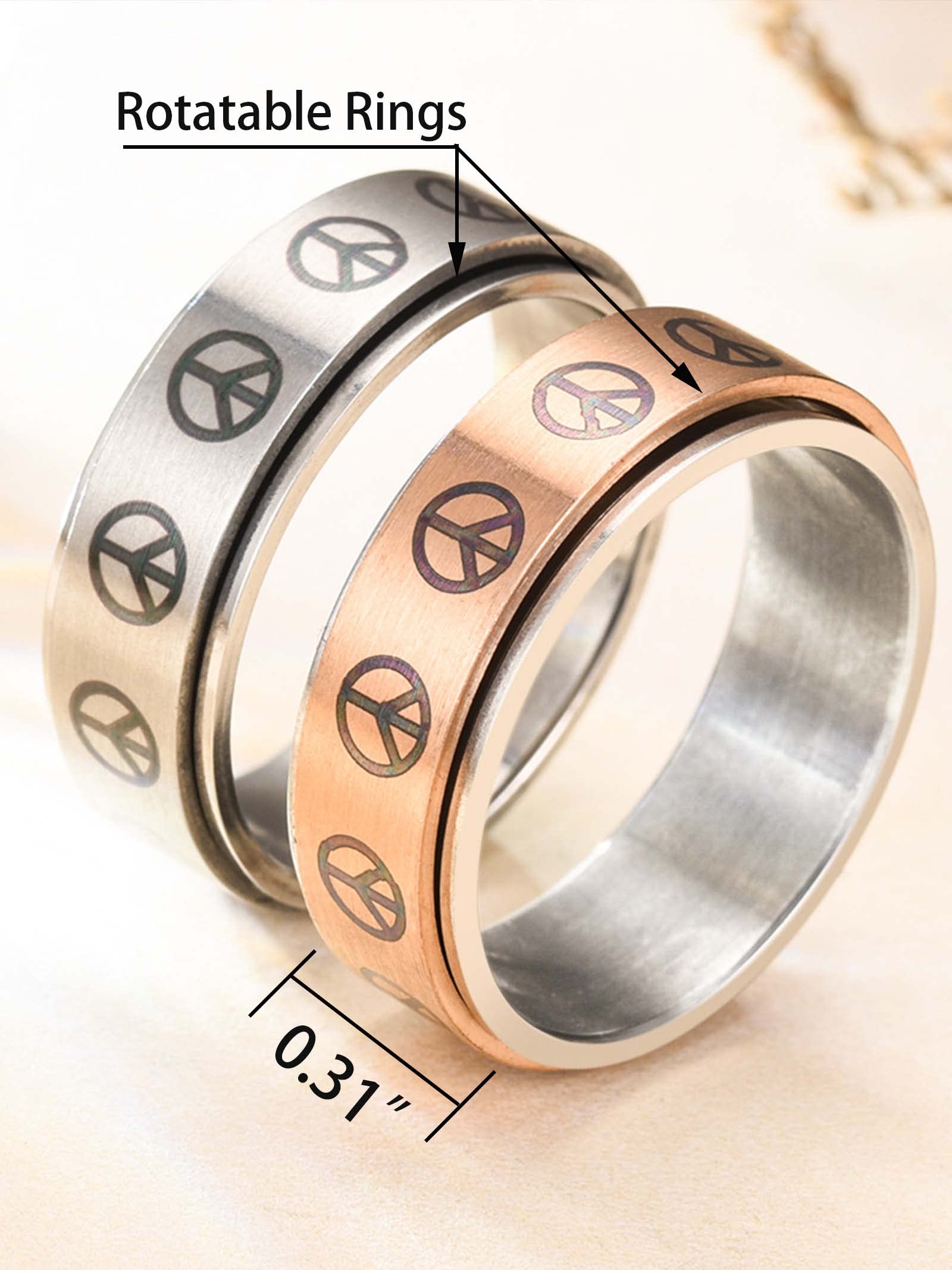 4PCS Stainless Steel Peace Sign Ring for Women Rotatable Anxiety Pressure Relief Ring for Men, other, other