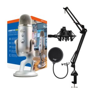 blue yeti microphone (silver) with boom arm stand, shock mount and pop filter bundle (4 items),usb