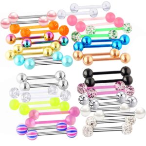 suotarn 40pcs 14g mix-color stainless steel straight barbell tongue rings bars piercing 5/8" length acrylic glow in dark flexible retainer body jewelry for women men