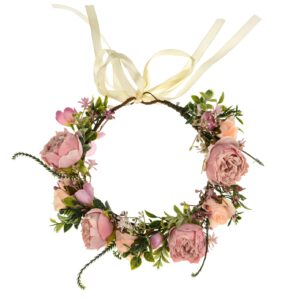 DreamLily Girls Camellias Flower Crown Birthday Photo Pops Hair Wreath Wedding Festival Floral Headpiece XM11 (A-Blush)