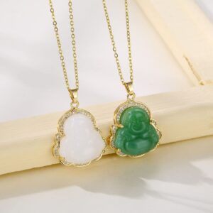 Laughing Buddha Pendant Necklace 18k Gold Plated Jade Smiling Buddha Chain Bling Necklace Dainty Gemstone Lucky Amule Amulet Jewelry for Women Men-B White