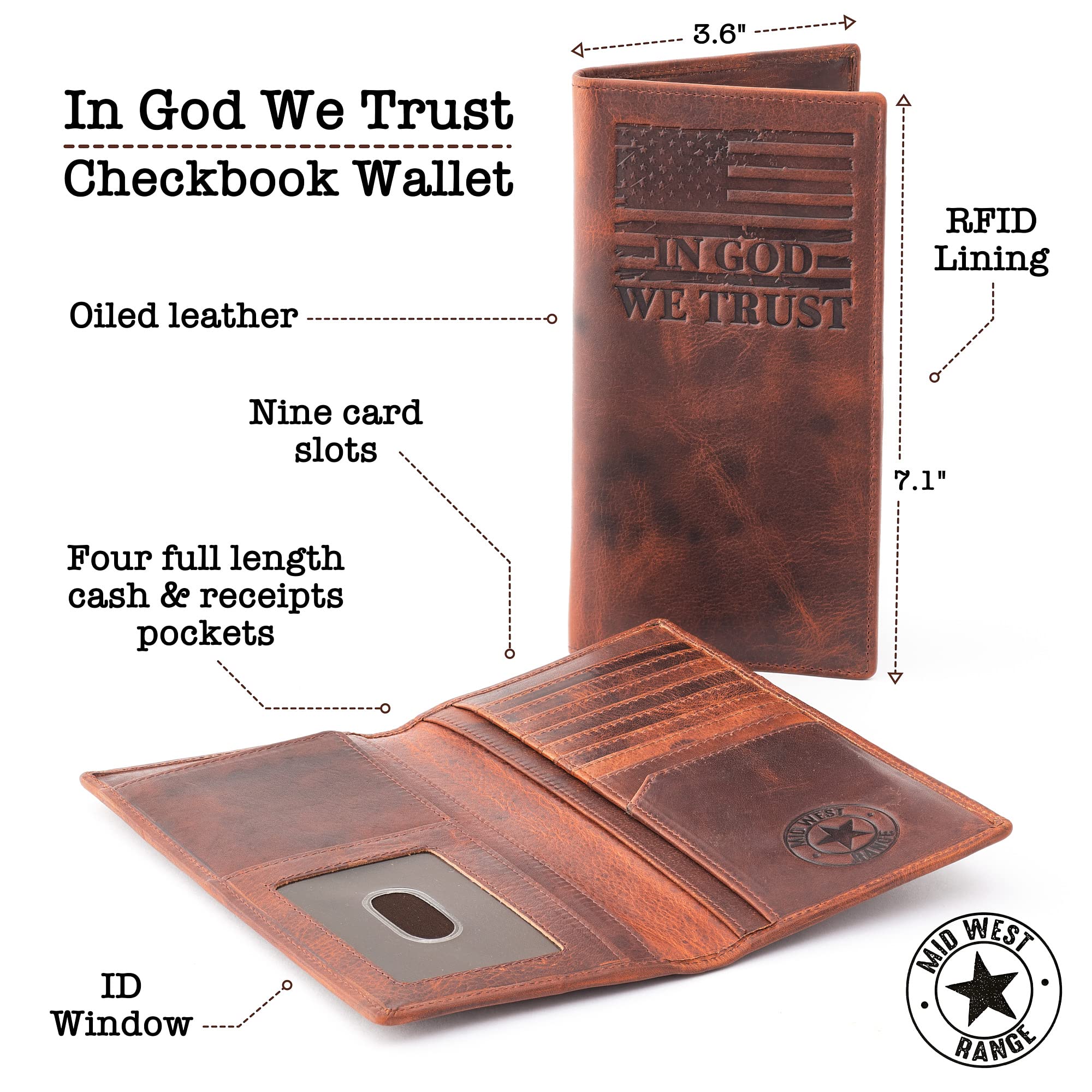 MID WEST RANGE ‘The Patriot’ American Flag Rodeo Wallet for Men. Distressed Leather ‘IN GOD WE TRUST’. Gift Cowboy Wallet for the True Patriot - Western Wallet for Men.