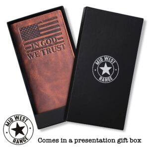 MID WEST RANGE ‘The Patriot’ American Flag Rodeo Wallet for Men. Distressed Leather ‘IN GOD WE TRUST’. Gift Cowboy Wallet for the True Patriot - Western Wallet for Men.