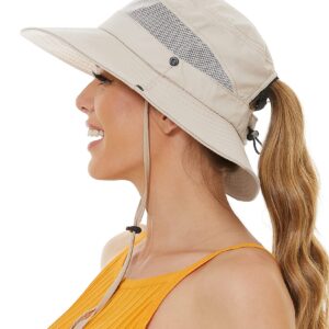 Sun Hat with Ponytail Hole for Women,Sun UV Protection UPF50+ Waterproof Beach Bucket Safari Hiking Hat for Women Beige