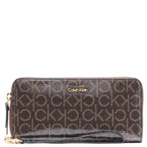 calvin klein key item saffiano continental zip around wallet with wristlet strap, brown/khaki/black logo