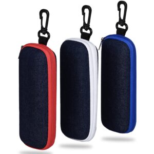 molshine 3 pieces portable denim glasses case,travel zipper eyeglasses case with hook for students women men girl (blue&white&red)