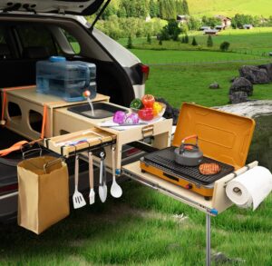 shiwagin overland kitchen, vehicle camping table with drawer, for suv/trunk bed/storage, for up to 2 burners camp stove, folding, pullout, pull out