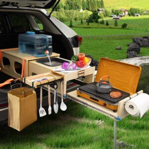 SHIWAGIN Overland Kitchen, Vehicle Camping Table with Drawer, for SUV/Trunk Bed/Storage, for up to 2 Burners Camp Stove, Folding, pullout, Pull Out