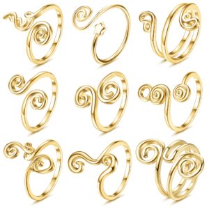 fibo steel 9 pcs adjustable toe rings for women open african toe rings summer beach foot jewelry gold-tone