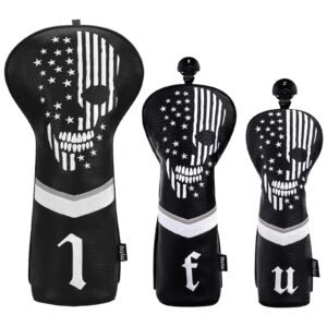 caiobob mytag golf skull skeleton head cover golf club black leather headcovers set fits driver fairway wood hybrid (one set of 1, f, h)