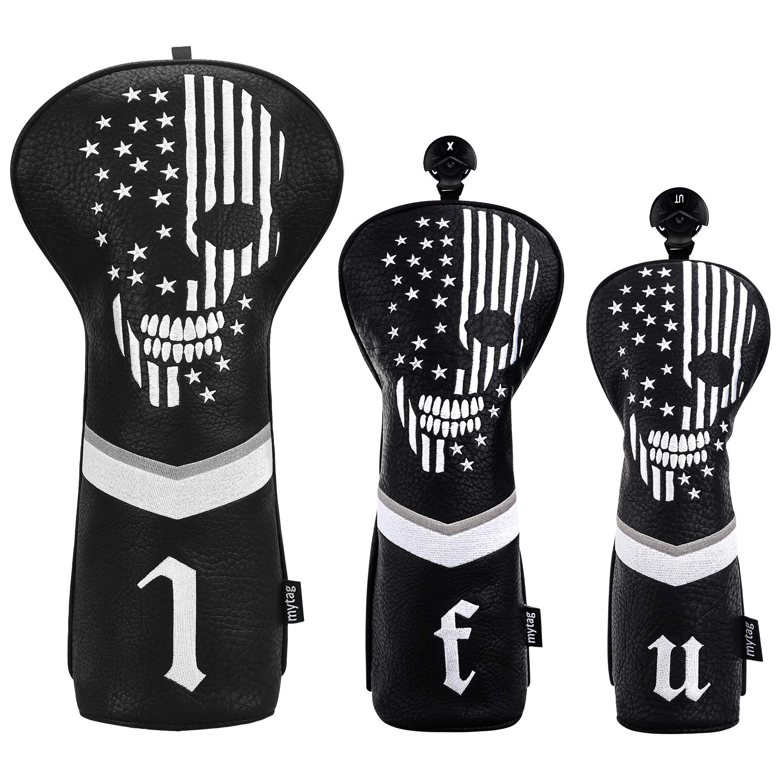 caiobob mytag Golf Skull Skeleton Head Cover Golf Club Black Leather Headcovers Set Fits Driver Fairway Wood Hybrid (One Set of 1, F, H)