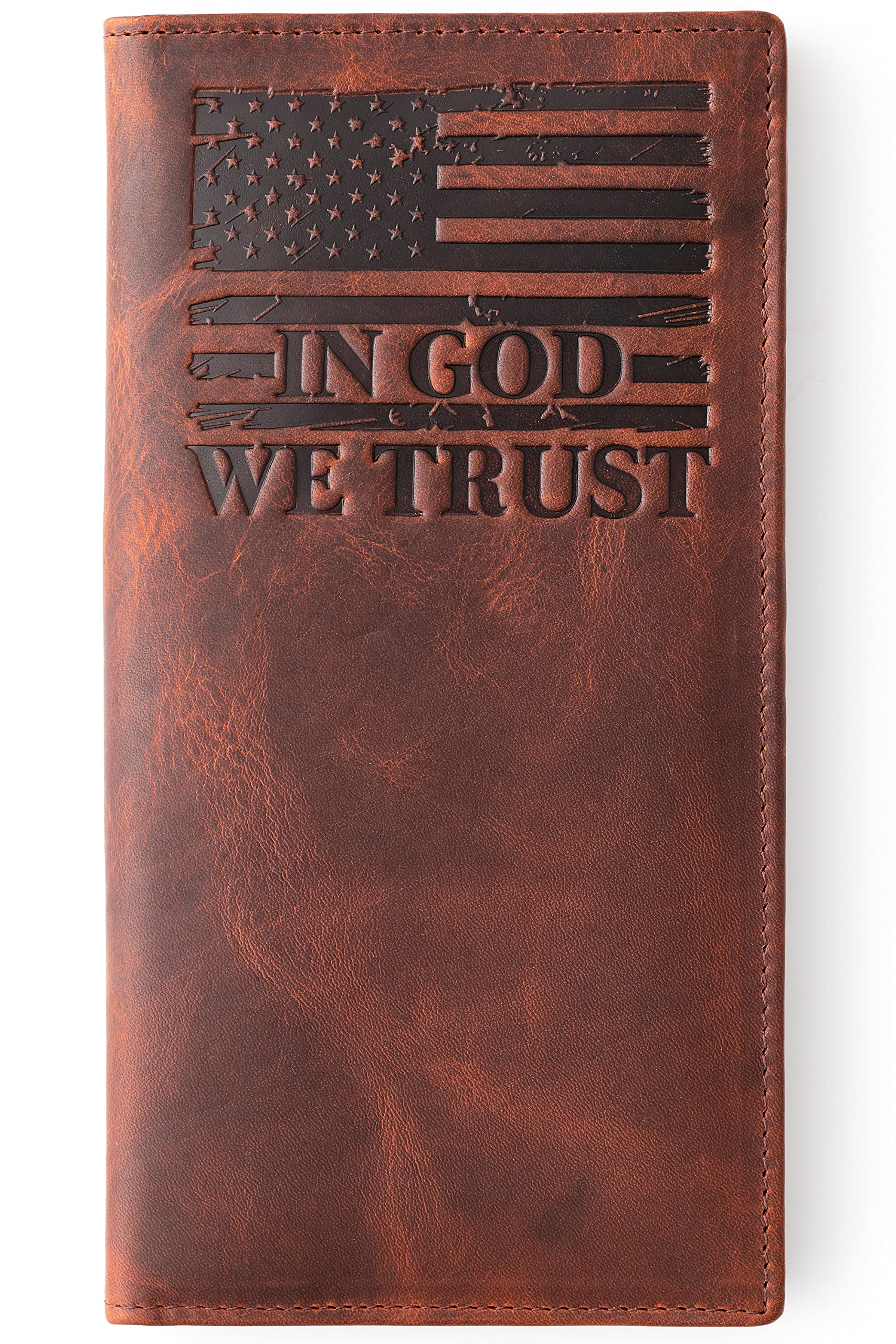 MID WEST RANGE ‘The Patriot’ American Flag Rodeo Wallet for Men. Distressed Leather ‘IN GOD WE TRUST’. Gift Cowboy Wallet for the True Patriot - Western Wallet for Men.