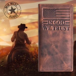 MID WEST RANGE ‘The Patriot’ American Flag Rodeo Wallet for Men. Distressed Leather ‘IN GOD WE TRUST’. Gift Cowboy Wallet for the True Patriot - Western Wallet for Men.