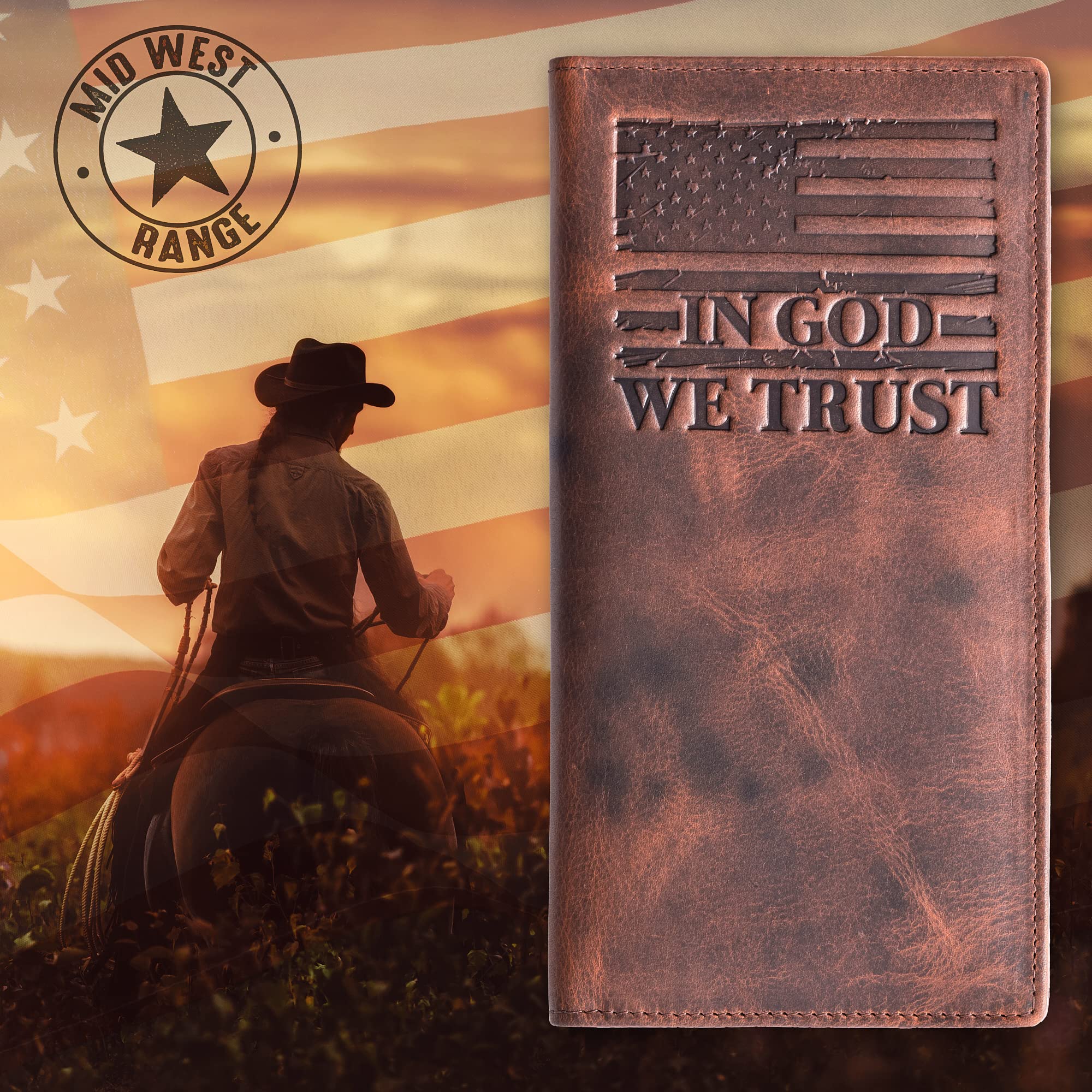 MID WEST RANGE ‘The Patriot’ American Flag Rodeo Wallet for Men. Distressed Leather ‘IN GOD WE TRUST’. Gift Cowboy Wallet for the True Patriot - Western Wallet for Men.