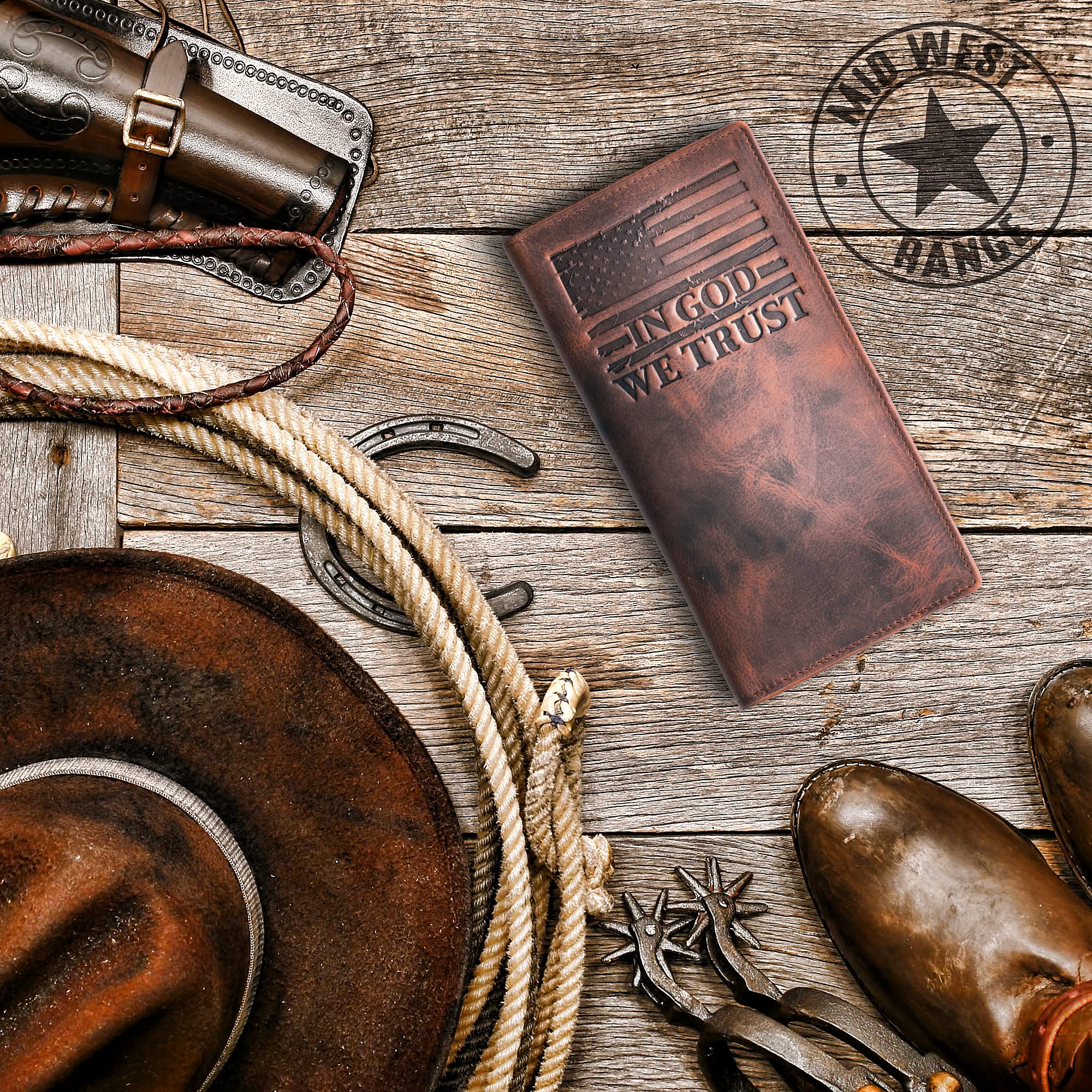 MID WEST RANGE ‘The Patriot’ American Flag Rodeo Wallet for Men. Distressed Leather ‘IN GOD WE TRUST’. Gift Cowboy Wallet for the True Patriot - Western Wallet for Men.