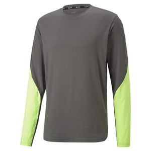 puma men's run cloudspun long sleeve, castlerock heather-lime squeeze heather, small