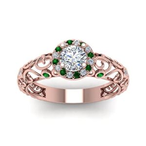 jewelryonclick dome filigree halo diamond ring rose gold plated created emerald round shape green color vintage engagement rings bezel setting in size 4 handcraft chakra healing