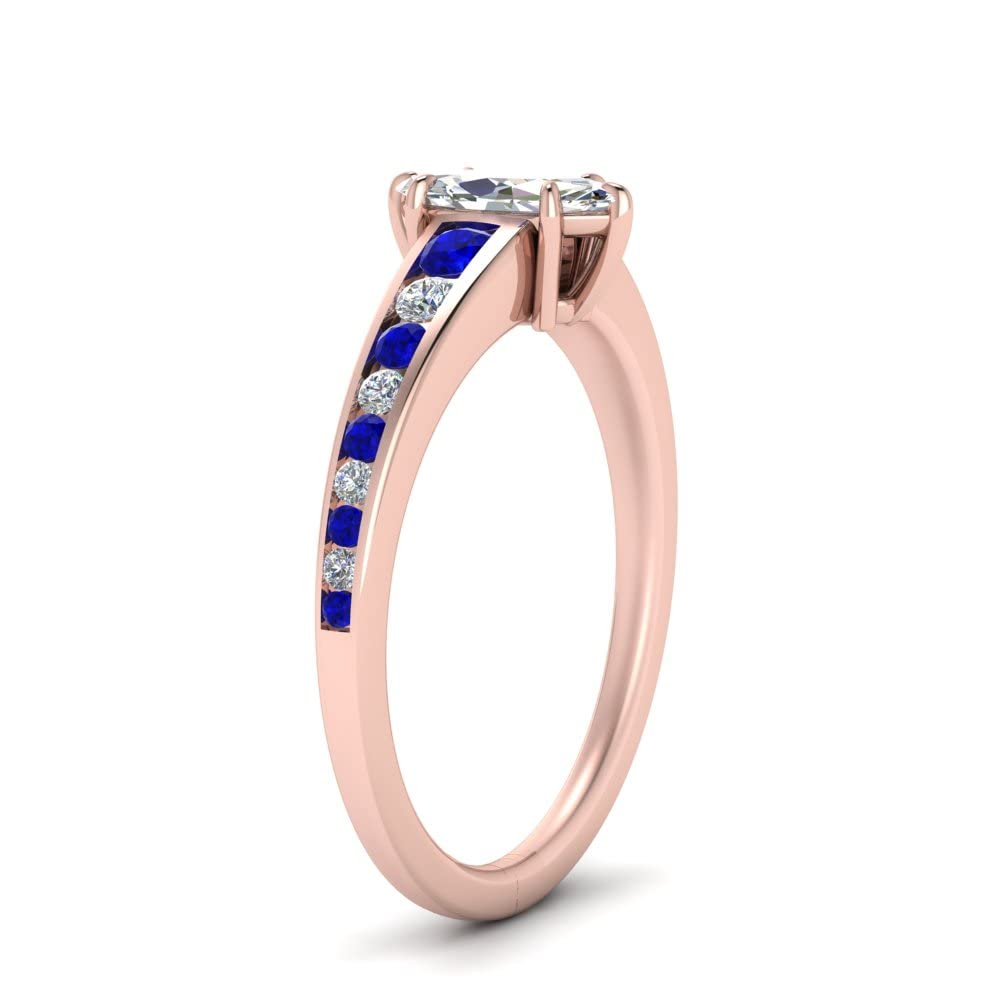 Jewelryonclick Graduated Channel Diamond Ring rose gold plated Created Blue Sapphire Marquise shape Blue color Side Stone Engagement Rings channel Setting in Size 6 Fashion Jewelry