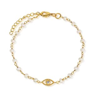 karma and luck - dreamlike protection - women's real pearl stone 18k gold plated brass evil eye deflect negativity charm adjustable bracelet handmade with love in india