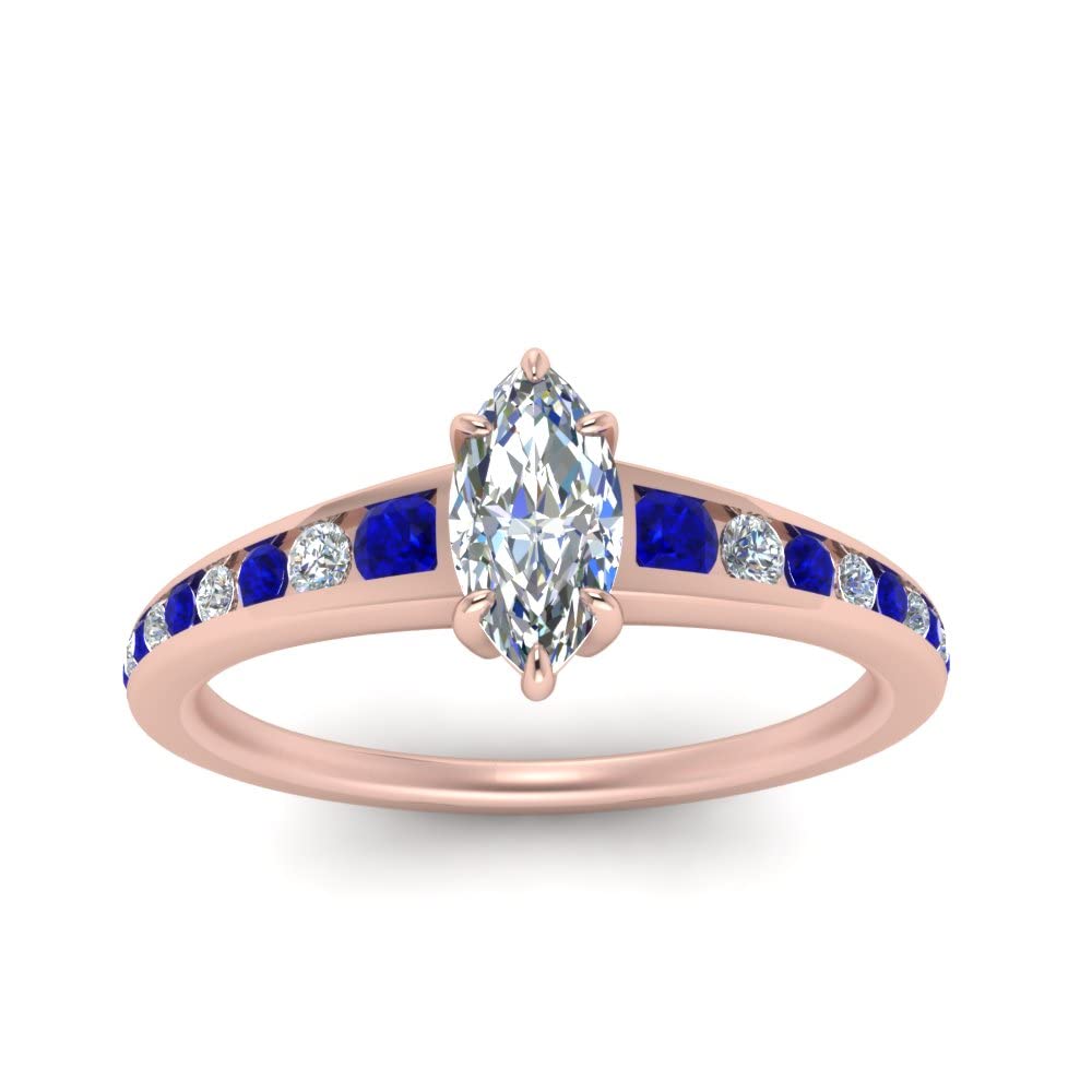 Jewelryonclick Graduated Channel Diamond Ring rose gold plated Created Blue Sapphire Marquise shape Blue color Side Stone Engagement Rings channel Setting in Size 6 Fashion Jewelry