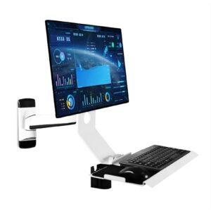 monitor stand for heavy duty wall mount workstation - full motion standing vesa mount arm, adjustable mechanical monitor stand with keyboard tray arm, ergonomic wall mounted desk monitor arms stand