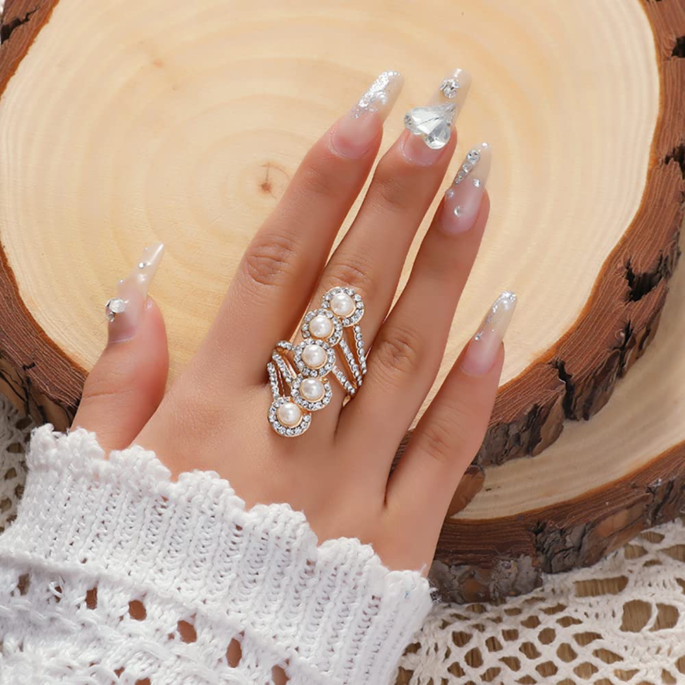 Boho Layered CZ Pearl Statement Ring for Women Cubic Zirconia Imitation Pearls Golden Finger Rings Comfort Fit Dainty Birthday Wedding Anniversary Mother's Day Jewelry Gift Size 8