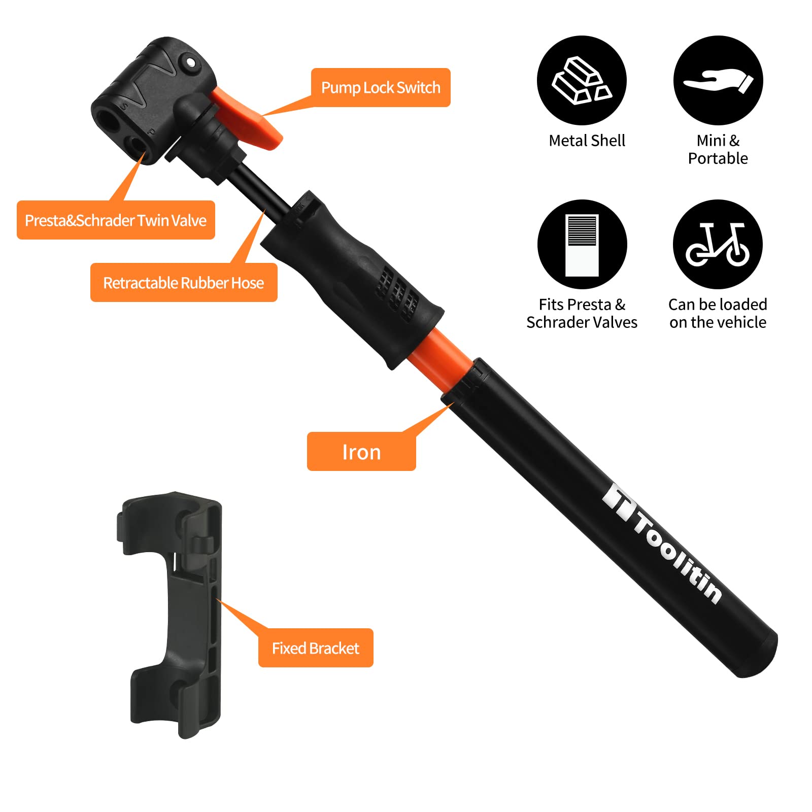 TOOLITIN Mini Bike Pump, Portable Bicycle Tire Pump with Presta and Schrader, Hand Air Pump Emergency Backup Riding Accessories, for MTB BMX Road Bike