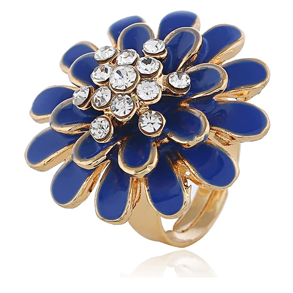 Vintage CZ Daisy Flower Promise Ring for Women Gold Plated Cubic Zirconia Enamel Leaf Cluster Expandable Adjustable Exaggerated Open Band Finger Rings Comfort Fit Party Wedding Jewelry Gift