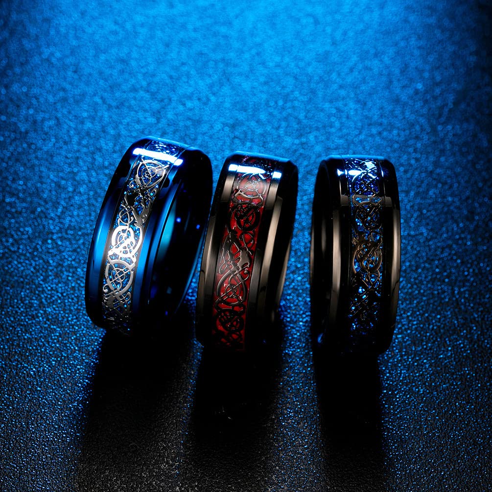 MZZJ Her Weirdo & His Crazy Couple Matching Ring Punk Stainless Steel Celtic Dragon Pattern Rings & Blue Sandblasting Spinner Fidget Ring Set for Wedding