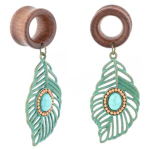 balala 9/16 inch 14mm antique patina brass leaf dangle wood ear gauges flesh tunnels piercing plugs, oval turquoise center