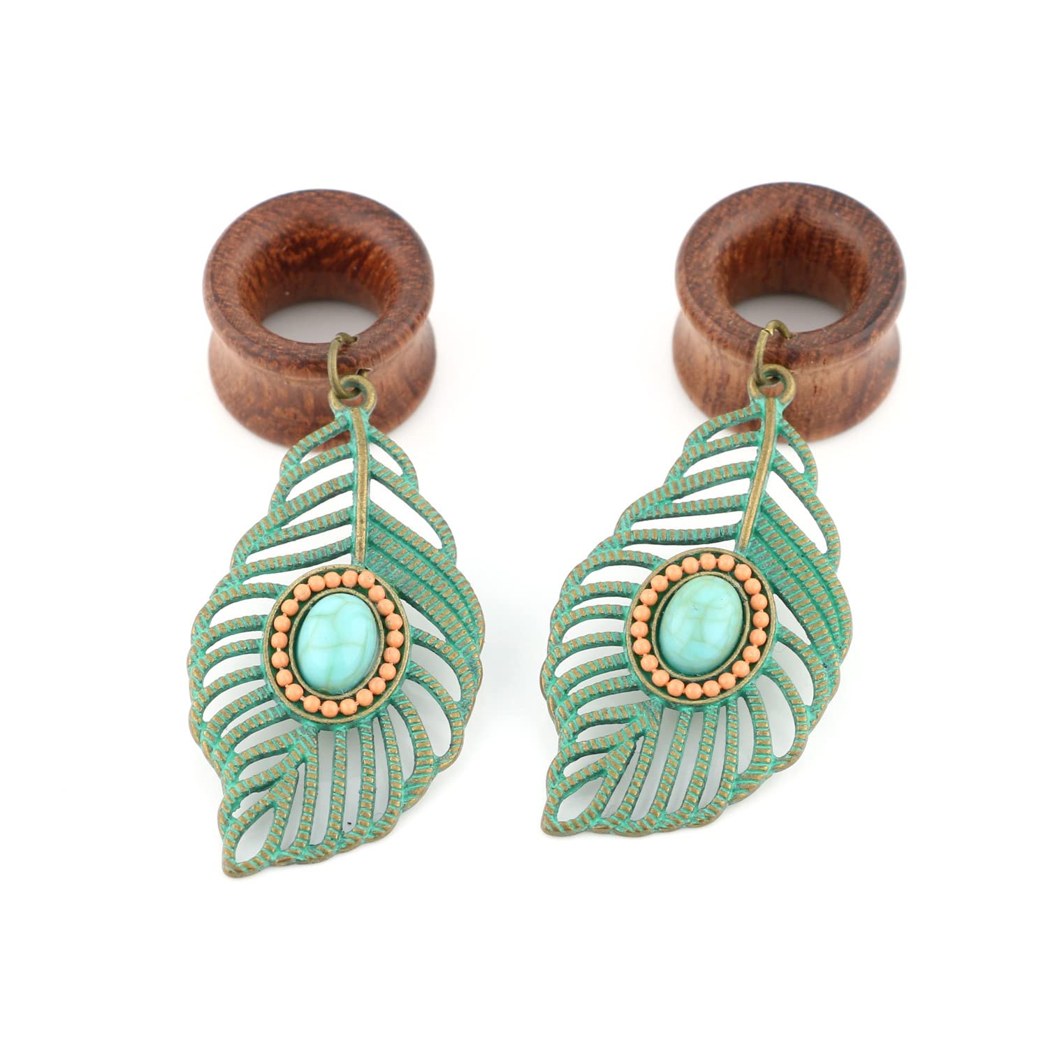 Balala 9/16 inch 14mm Antique Patina Brass Leaf Dangle Wood Ear Gauges Flesh Tunnels Piercing Plugs, Oval Turquoise Center