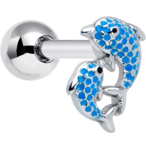 body candy 16g womens stainless steel blue leaping dolphins cartilage earring helix tragus jewelry 1/4"