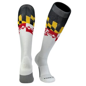 mk socks maryland flag knee high long baseball football socks (xl), black red gold white, x-large, mkmary-bgs-xl