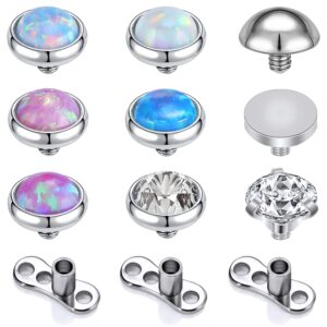 zs 9pcs opal 16g dermal anchor tops 3mm 4mm, 14g surgical steel internally threaded base microdermal piercing jewelry for women men (b:4mm)