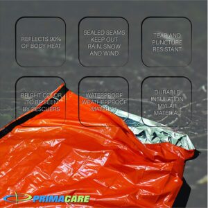 Primacare CB-3684-2 Pack of 2 Emergency Sleeping Bags for Survival, Mylar Blanket/Tent Used for Emergency, Camping, Hiking, Hunting, Outdoors, Perfect for Medical First Aid Supply Kits, Adult, Orange