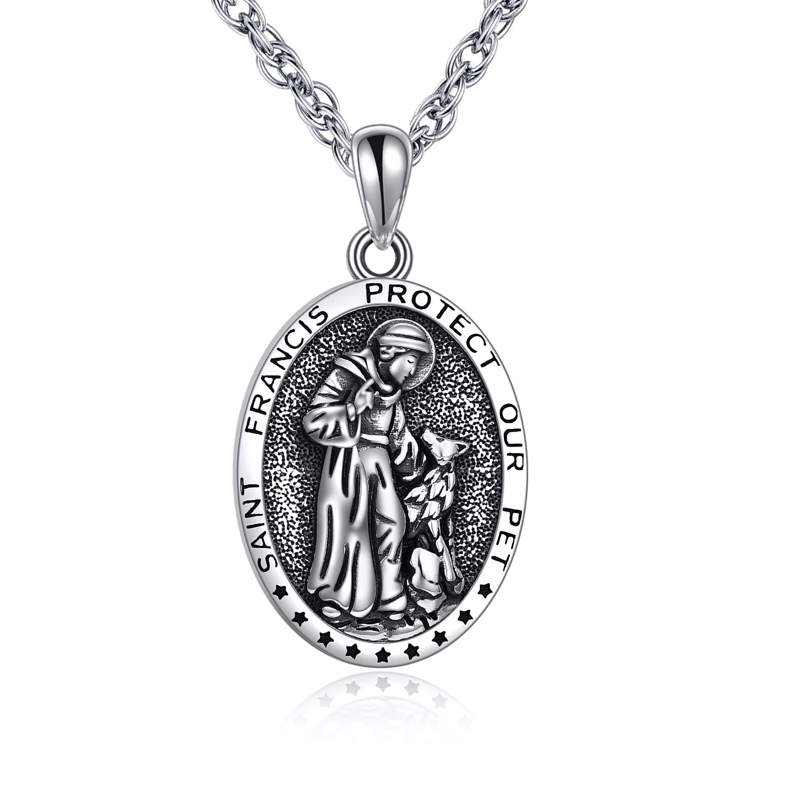 YFN St Francis Medal Necklace Sterling Silver Saint Francis Protect Our Pet Medallion Travel Protection Pendant Necklace (St. Francis)