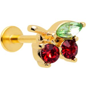 body candy womens 16g pvd steel red accent cherries fruit labret monroe lip ring tragus cartilage stud 5/16"