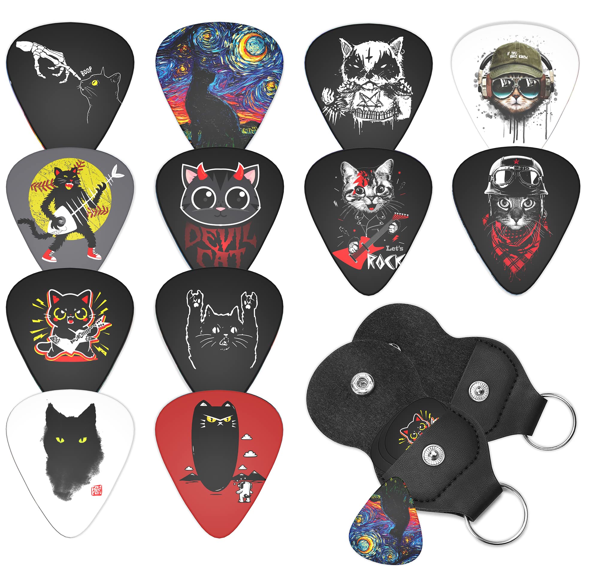 Cool Guitar Picks 12 Medium Pack with Leather Picks Holder,Unique Artistic Personalized Guitar Pick Punch for Electric Guitar Bass Acoustic Guitar Lovers Gift (Cat Medium)