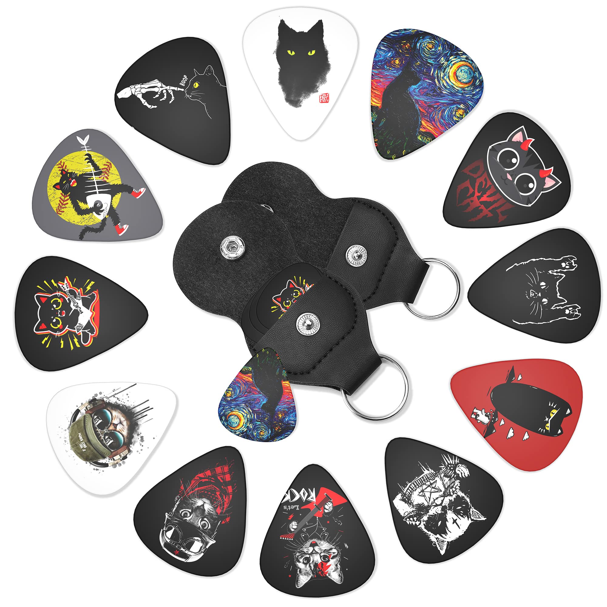 Cool Guitar Picks 12 Medium Pack with Leather Picks Holder,Unique Artistic Personalized Guitar Pick Punch for Electric Guitar Bass Acoustic Guitar Lovers Gift (Cat Medium)