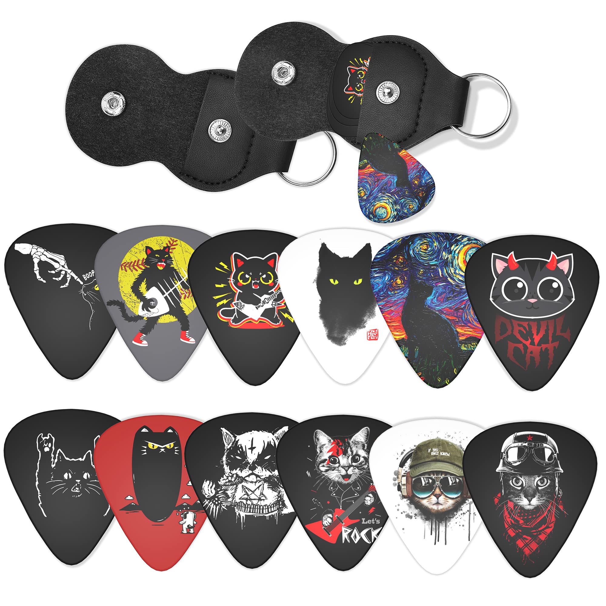 Cool Guitar Picks 12 Medium Pack with Leather Picks Holder,Unique Artistic Personalized Guitar Pick Punch for Electric Guitar Bass Acoustic Guitar Lovers Gift (Cat Medium)