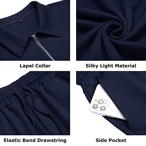 URRU Mens Classic 2 piece Polo Shirts Zipper Short Sleeve Solid Casual Slim Fit Basic Lapel Polos and Shorts Navy XXL