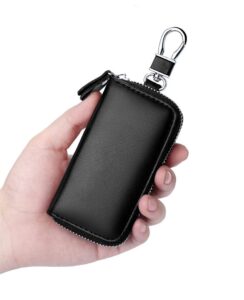 lanzitoer leather car key case holder keychain case wallet zipper closure for men and women (black)