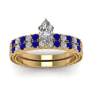 gemsonclick petite vintage diamond wedding set yellow gold plated created blue sapphire marquise shape blue color wedding ring sets prong setting in size 12 casual wear for gift