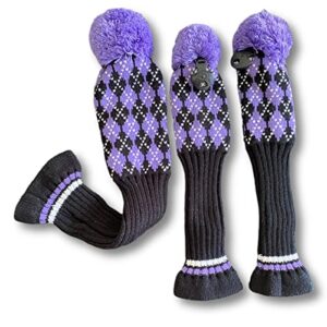 3pcs knit golf club head covers,golf driver 3 5 fairway woods covers, pom pom golf wood headcovers covers for driver, 3 5 woods - purple