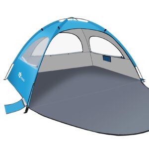 yitgog beach tent sun shelter for 3-4/5-6person, lightweight beach tent with uv protection, 3 mesh roll up windows & 8.0mm fiberglass, easy assemble (sky blue, 3-4 person)