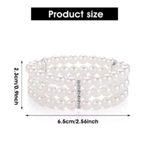 Yolev 4PCS 3-Row Faux Pearl Bracelet 3-Row Pearl Stretch Bracelet Multilayer Pearl Elastic Bangle for Wedding Jewelry 1920s Costume