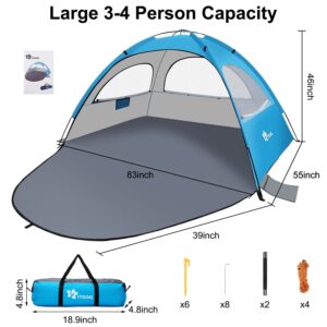 YITGOG Beach Tent Sun Shelter for 3-4/5-6Person, Lightweight Beach Tent with UV Protection, 3 Mesh Roll Up Windows & 8.0mm Fiberglass, Easy Assemble (Sky Blue, 3-4 Person)