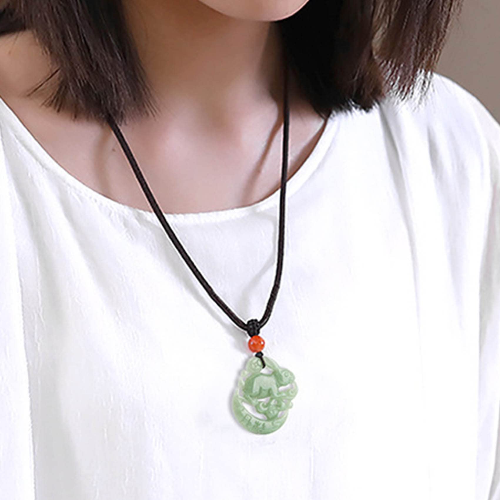 Feng Shui Jade Necklace Natural Nephrite Jade Necklace Auspicious Rabbit Charm Pendant Necklace w/Cord Green Jade Amulet Talisman Stone Attract Wealth Good Luck Unisex