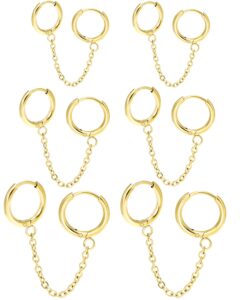 chain double hoop earrings for double piercing: 3 pairs 14k gold plated lightweight huggie hoop earrings, cartilage hoop earring helix piercing jewelry for women (gold)