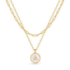 gold initial necklaces for women, 14k gold plated layered necklaces paperclip chain necklace for women dainty gold coin letter pedant necklace for women initial a necklaces for women jewelry